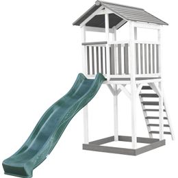 AXI Beach Tower Spielturm aus Holz in Weiß & Grau | Spielhaus für Kinder mit grüner Rutsche und Sandkasten | Stelzenhaus für den Garten