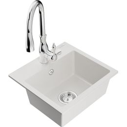Mexen Milo 1-Becken-Granit-Spüle mit Mischbatterie Savita, Weiß - 6505-20-672601-00