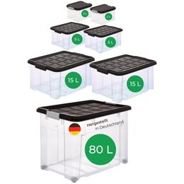 Novaliv 7 tlg Sparset Aufbewahrungsboxen mit Deckel Anthrazit 1x80 L + 2x 15L + 2x 5L + 2x 2L Nestbar stapelbar Clipverschluss Rollboxen BPA-frei