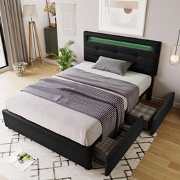 MODFU Polsterbetten 90 x 200 cm Einzelbett Bettgestell mit LED-Beleuchtung und 2 Schubladen(ohne Matratze), Schwarz