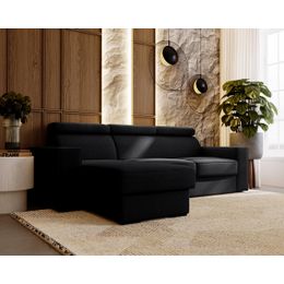Eckcouch, Schlafsofa Logano - Ottomane links freistehend - Ecksofa mit Bettkasten, Sofa L-Form (Schwarz - Inari 100)