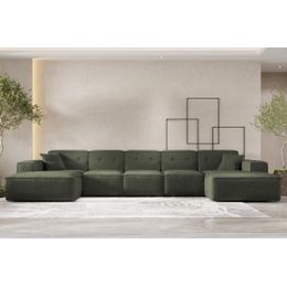 Kaiser Möbel Ecksofa, Eckcouch U Extra Large 462cm, Gestepptes Eckcouch PULA stoff Antic Dunkelgrün