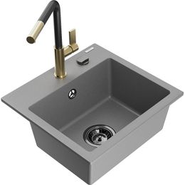 Mexen Milo 1-Becken-Granitspüle mit Mischbatterie Flora, Grau - 6505-71-670401-57-B