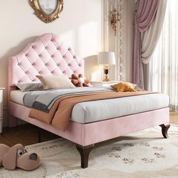 okwish Polsterbett 90*200cm, mit Lattenrost und Kopfteil, höhenverstellbares Kopfteil, Lattenroste aus Holz, einfache Montage, Samt, Pink