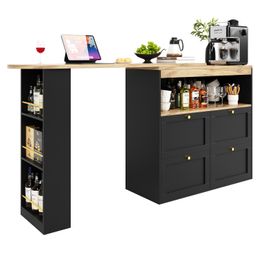 Abrihome 360° Drehbarer Esszimmertisch Bartisch mit 4 Schubladen und offener Stauraum, Ausziehbar mit Schrank, Schwarz