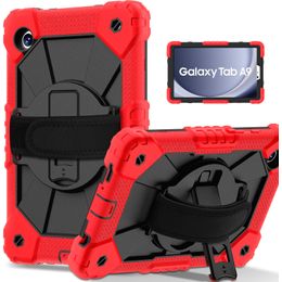 Hülle für Samsung Galaxy Tab A9 2023 8,7 Zoll SM-X110/X115/X117 Tablette Schutzhülle Stoßfeste mit 360 Drehbarer Handschlaufe/Ständer Rot Schwarz