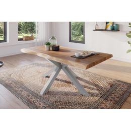 Esstisch 180 x 90 cm Akazie massiv natur Baumkantentisch Spider-Gestell silber ATLAS