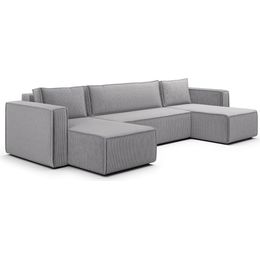U-Sofa 5-sitzig umbaubar Truhe Ezekiel Cord Hellgrau