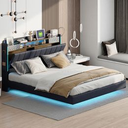 Polsterbett mit LED-Beleuchtung und USB-Steckdose, Kopfteil mit Stauraum, Schwebebett Jugendbett Erwachsenenbett,160*200