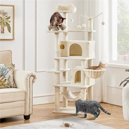 Yaheetech Katzenbaum 170cm Kratzbaum XL Stabiler Kletterbaum für Katzen, mit Aussichtsplattform Katzenhöhlen Hängematte Liegemulde, Beige
