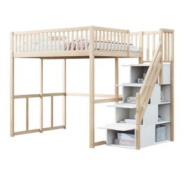 Hochbett(natur)140x200cm mit Sicherheitsaufbewahrungsleiter, Sicherheitsumrandung,Bettgestell aus massiver Kiefer,Geeignet für Kinder,Jugendliche