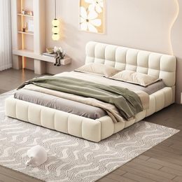 ProximaX Polsterbett 140 x 190 cm, Jugendbett, Doppelbett mit weicher Rückenlehne, Flachbett mit Polsterumrandung, Lattenrost Leinen beige