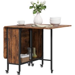 HOMCOM Platzsparender Klapptisch für Küche und Wohnzimmer mit 6 Rollen und Ablage, Klappbarer Esstisch im Industrie-Stil aus Holz und Metall, Rustikales Braun