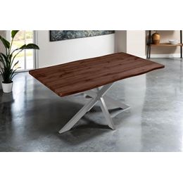 Esstisch 160x85 cm Baumkante Holz Nussbaum-Optik Spider-Gestell Metall silber JOSY