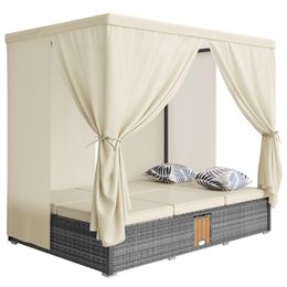 Gartenliege Doppelbett mit Schattenvorhang,Rattanliege,Outdoor-Möbel für Lounge,Balkon und Garten,wetterfest,klappbar,mit Kissen und Klapptisch