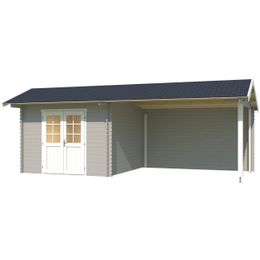 Gartenhaus Lasita Maja "New York", grau (lichtgrau), ohne Fußboden, Rückwand, ohne Dacheindeckung, Holzwerkstoff, Gartenhäuser, Blochbohlenhaus 34mm, Fundamentmass 3000x3000+3800, Lichtgrau