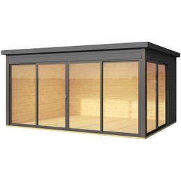 Gartenhaus Lasita Maja "DOMEO 4 CARBONGRAU/ANTHRAZIT", grau (carbongrau), Fußboden im Gartenhaus, Massivholzdach, Holzwerkstoff, Gartenhäuser, Fundamentmass 4180 x 3219, Carbongrau