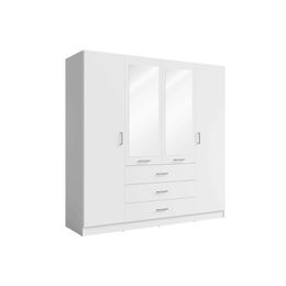 Kleiderschrank Home Affaire "KOS Garderobe mit 3 Schubladen, Kleiderstange, 8 Einlegeböden, Spiegel", weiß, B:200cm H:200,5cm T:58cm, Melamin, Schränke, Wäscheschrank mit 4 Drehtüren, silber Griffen, Maße B/H/T 200/200/58cm