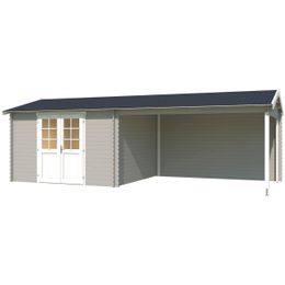 Gartenhaus Lasita Maja "Amarillo", grau (lichtgrau), ohne Fußboden, Rückwand, ohne Dacheindeckung, Holzwerkstoff, Gartenhäuser, Blochbohlenhaus 28mm Anbau, Fundamentmass 3300x3300+3800, Lichtgrau