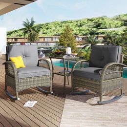 LVHOM Balkonmöbel Set 3 teilig mit Kissen, Gartenmöbel Set aus Polyrattan mit Tisch, Schaukelsessel Set Garten, Gartenstühle, Balkonset 3tlg, Grau