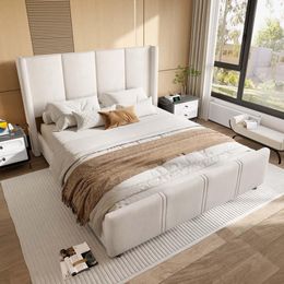 AIORBER Polsterbett, 140 x 200 cm,mit USB-Anschluss, hohes Kopfteil & Fußteil, stabiler Eisen-Holz-Rahmen, weiches Wildleder, einfache Montage, Beige