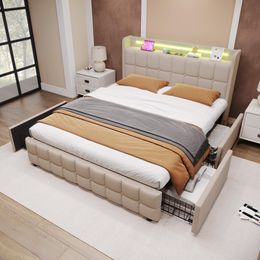 MODFU Polsterbetten 180 x 200 cm, Funktionsbett Doppelbett mit aufladen USB Ladefunktion LED-Beleuchtung und 2 Schubladen(Ohne Matratze),Beige