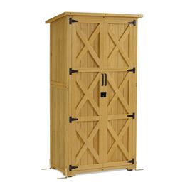 M MCombo Gartenschrank Holz, Gartenhaus Klein Wetterfest, Outdoor Gerätehaus Geräteschuppen, für Außenbereich Balkon Terrasse, 0878D-F (Natur)