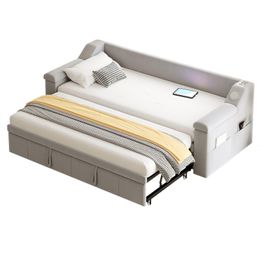 Polsterbett Schlafsofa(Hellgrau)Armlehnen Breiter und Dicker,Smart Bluetooth-Stereoanlage Mit USB-Ladeanschluss,Mit Ablagefächern,Lattenrost,Samtstoff