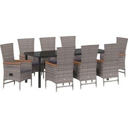 9-teiliges Gartentisch-Set mit Kissen Grau Poly-Rattan