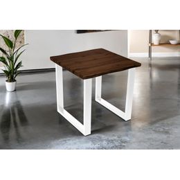 Esstisch 80x80 cm Baumkante Holz Nussbaum-Optik U-Gestell Metall weiß JOSY