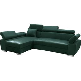 MEBLE-LUX - Ecksofa OTTO, Eckcouch mit Schlaffunktion, Federkern, Verstellbare Kopfstützen, Einfacher Klappmechanismus, Bettfunktion, Zusätzlicher Stauraum, Plüsch Grün, Links