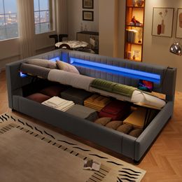 Flieks Hydraulisches Polsterbett 90x200cm mit USB & TYPE-C, Schlafsofa Tagesbett mit LED, Jugendbett Einzelbett mit Stauraum, Leinen, Grau