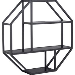 Wandregal ACTONA GROUP, schwarz (esche schwarz, matt schwarz), B:77cm H:77cm T:20cm, Melamin, Metall, Regale, Metallgestell, 2 Einlegeböden, Achteckform und asymmetrischen Details