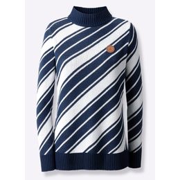 Stehkragenpullover Casual Looks "Stehkragen-Pullover", Damen, Gr. 50, blau (dunkelblau, ecru, geringelt), 50% Baumwolle, 50% Polyacryl, gemustert, gestreift, mehrfarbig, Pullover
