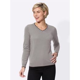 V-Ausschnitt-Pullover Classic Basics "Feinstrick-Pullover", Damen, Gr. 36, grau (steingrau), 100% Polyacryl, unifarben, Pullover