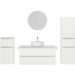 Badmöbel-Set Nobilia "Alvene", weiß (alpinweiß), B:230cm H:187,2cm T:48,5cm, Kastenmöbel-Sets, inkl. Spiegel mit Touch-Sensor, in vier Breiten