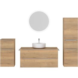 Badmöbel-Set Nobilia "Alvene", braun (eiche sierra nachbildung), B:230cm H:187,2cm T:48,5cm, Kastenmöbel-Sets, inkl. Spiegel mit Touch-Sensor, in vier Breiten