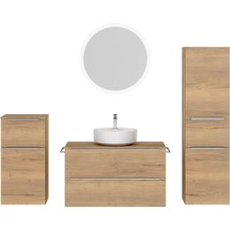 Badmöbel-Set Nobilia "Alvene", braun (eiche sierra nachbildung), B:210cm H:187,2cm T:48,5cm, Kastenmöbel-Sets, inkl. Spiegel mit Touch-Sensor, in vier Breiten