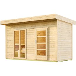 Saunahaus Weka "FARSUND 2", beige (natur), Bio-Ofen, externe Steuerung, 9 kW, Saunen, Blockbohlen, langes Fensterelement inDer Front