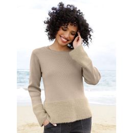 Strickpullover Heine "Pullover", Damen, Gr. 40, beige (sesam), 52% Viskose, 27% Polyester, 21% Polyamid, Besatz:100% Polyamid, unifarben, Pullover Strickpullover