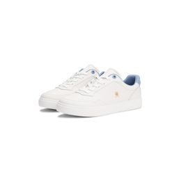 Plateausneaker Tommy Hilfiger "ESSENTIAL ELEVATED COURT SNEAKER", Damen, Gr. 39, blau (ecru, hellblau), Nappaleder, Schuhe, Freizeitschuh, Halbschuh, Schnürer mit Ziernähten und Kontrastbesatz