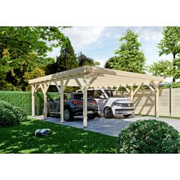 Doppelcarport Konifera, beige, Carports, "Jupiter II", Bausatz, Leimholz naturbelassen, PET-Flachdach lichtdurchlässig