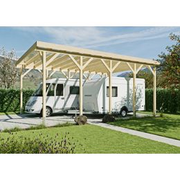 Doppelcarport Konifera, beige, Carports, "Pluto III", für Wohnmobile, Leimholz naturbelassen, PET-Flachdach lichtdurchlässig