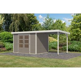 Karibu Gartenhaus-Set 'Komet 4 D' Fichtenholz wassergrau / wei&szlig; mit Anbaudach 2,35 m breit 514,5 x 209 x 213,5 cm