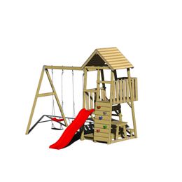 WENDI TOYS Holz-Spielturm 'Flamingo' natur Rutsche, Kletterwand, 2 Schaukeln und Picknicktisch 280 x 340 x 270 cm