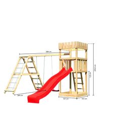 Akubi Spielturm 'Ritterburg L&ouml;wenherz' Doppelschaukel Kletterger&uuml;st, Rutsche rot, 415 x 264 x 259,5 cm