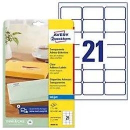 Avery Zweckform Abziehhilfe QuickPEEL Adressetiketten J8560-25 Selbsthaftend DIN A4 Transparent 63,5 x 38,1 mm 25 Blatt à 21 Etiketten