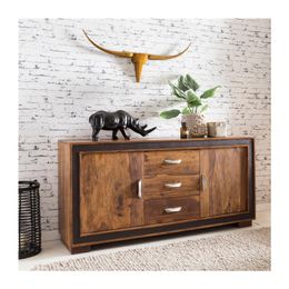 FineBuy Massivholz Sideboard 160cm Sheesham Kommode mit 2 T&uuml;ren & 3 Schubladen aufwendige Lederumrandung
