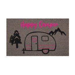 Wecon Home Fußmatte »Happy Camper« rechteckig 18 mm Höhe rutschfest, robust, innen, Außenbereiche überdacht, schwer grau,schwarz Obermaterial: 100%...
