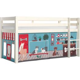 Spielbett Vipack "Pino, Kiefer massiv, mit Rolllattenrost u. Textil-Set, Made in Europe", weiß, B:105,4cm H:114cm L:209,4cm, Betten, verschiedene Textil Dessins, 3 Gestellfarben zur Wahl